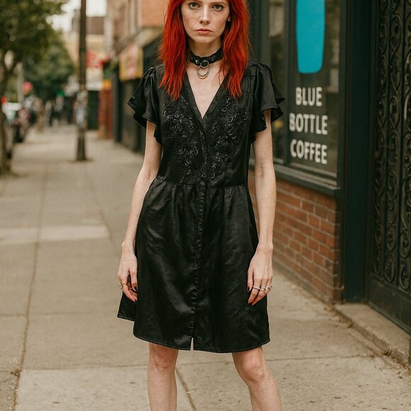 Temptations | Dresses | Vintage Dress Black Satin Duster Embroidered ...